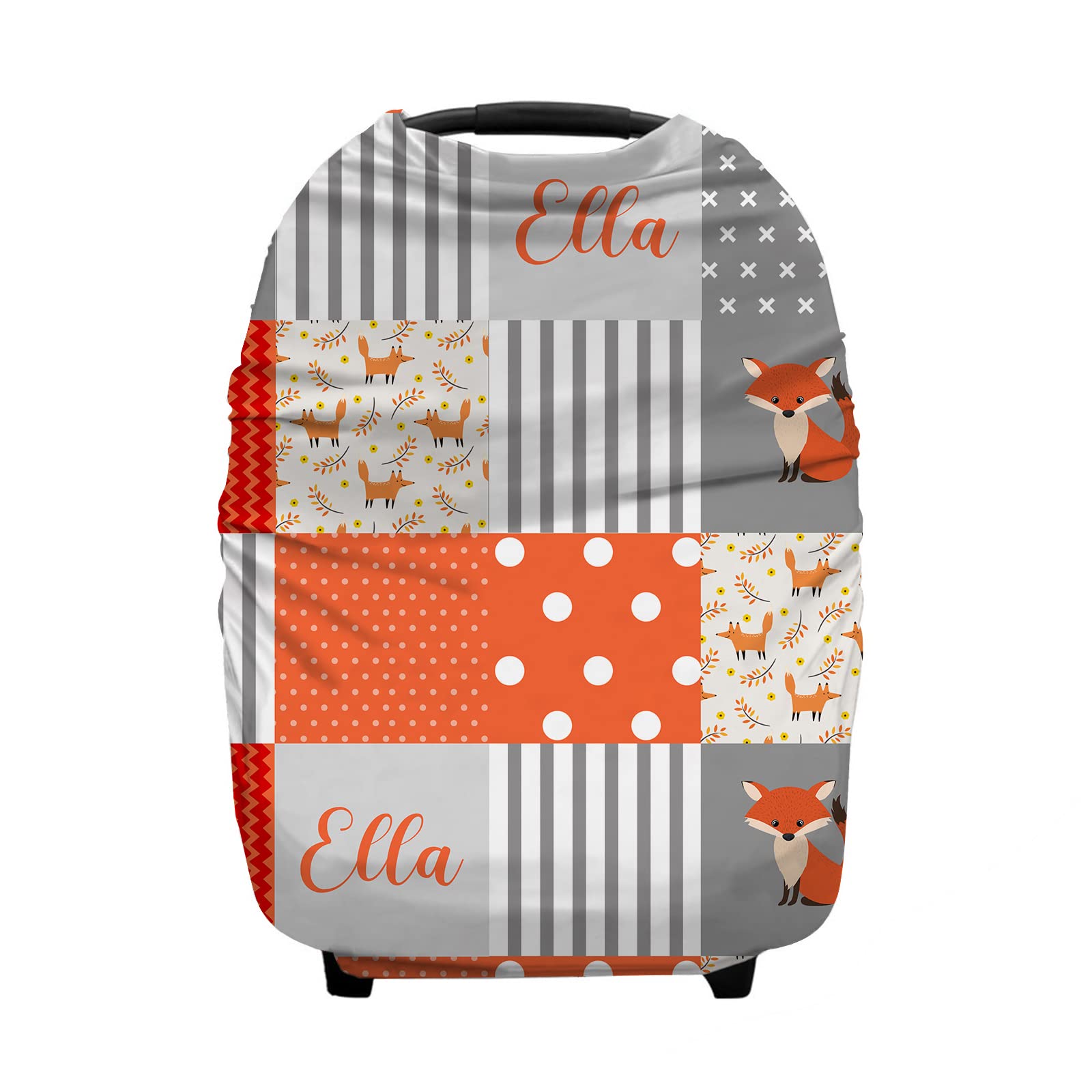 Personalized Cute Fox Plaid Baby Car Seat Covers with Name, Custom Nursing Cover Breastfeeding for Babies, Carseat Canopy for Girls and Boys, Infant Stroller Cover, Breathable Carseats Cover