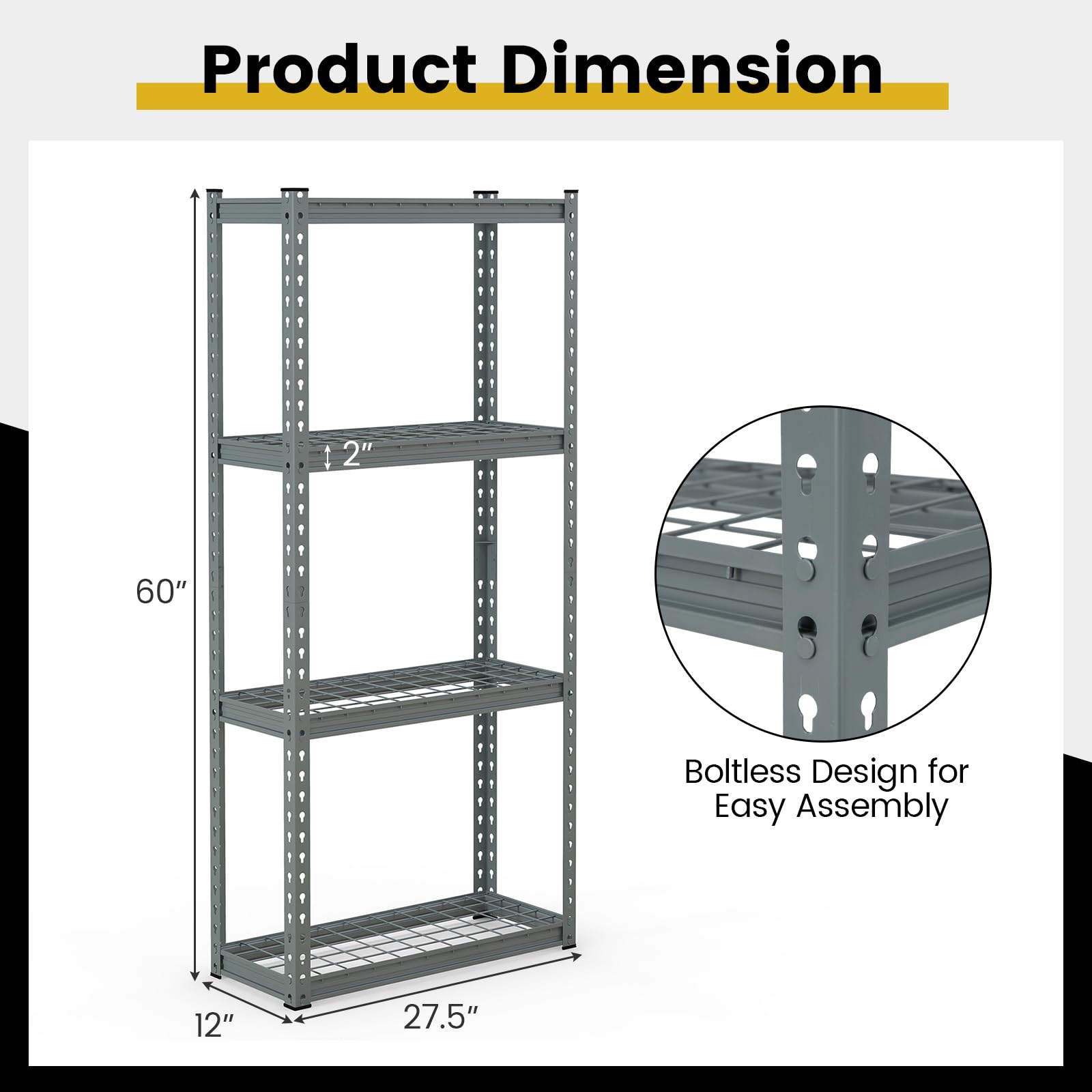 Tangkula 4-Tier Garage Storage Shelves, Heavy Duty Metal Storage Shelving Unit, Adjustable Utility Storage Rack Organizer for Warehouse Kitchen Pantry Basement, 27.5" L x 12" W x 60" H (1, Gray)