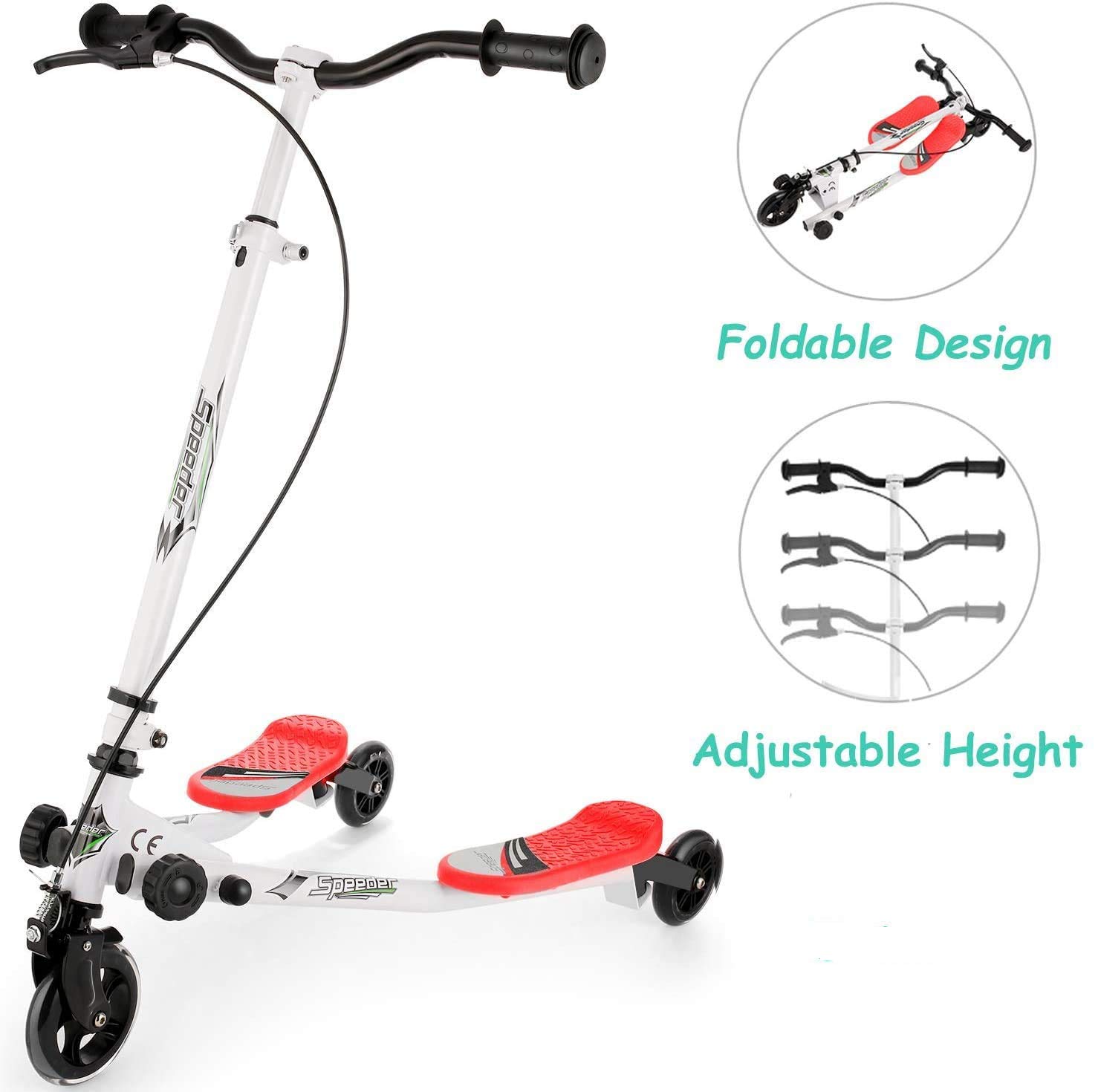 Kick Scooter, Swing Wiggle Scooter, Adjustable 3 Wheels Foldable Driving Push Drifter for Kids Age 5 Years Old and Up (Red)
