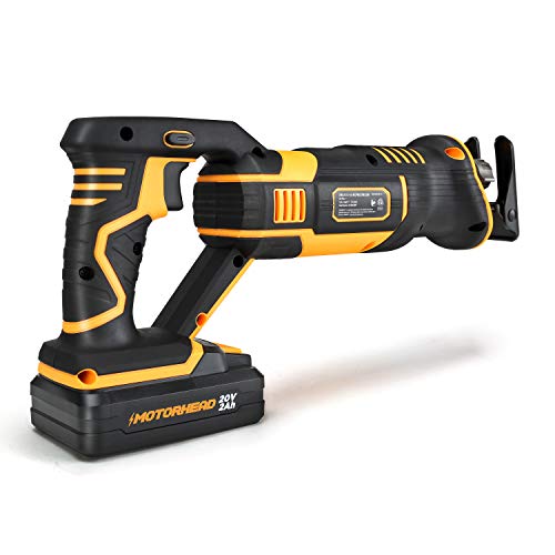 MOTORHEAD 20V ULTRA Cordless Reciprocating Saw, Lithium-Ion, Tool-Free Blade Change & Guard, 1” Stroke, 0-3000 SPM, Variable Speed Trigger, 2Ah Battery, Quick Charger, Bag, 2 Blades, USA-Based