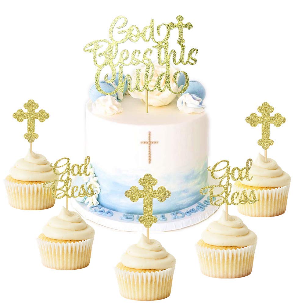 JeVenis 25 PCS Glittery Gold Bless this Child Cake Topper Baptism Cupcake Toppers Cross Cupcake Topper Baptism Cake Topper Cross Cake Decoration Baptism Party Decorations