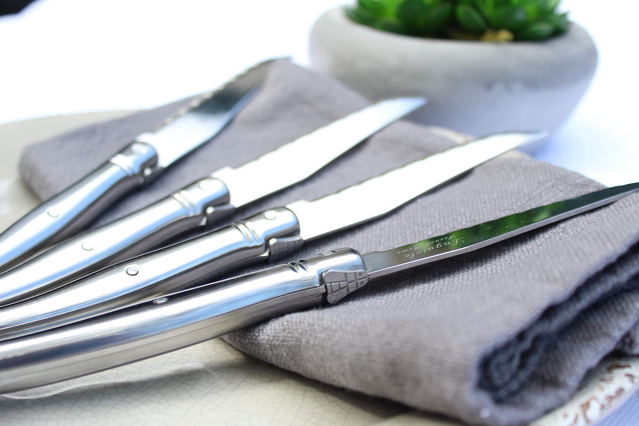 Laguiole 4-Piece Steak Knives (Stainless Steel) - Stainless Steel Knife Set – Smooth Cut Serrated Knife Blade – Dishwasher Safe Steak Knife Set – Luxurious Kitchen Knife Set for Parties…