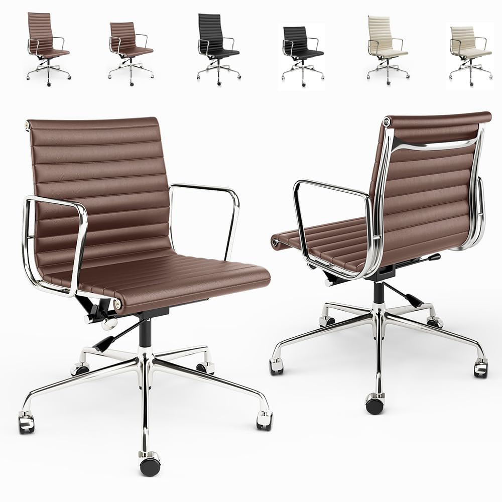 Ribbed Office Chair, Mid Back Top Black Grain Leather Desk Chair, Swivel Chair Adjustable Ergonomic Computer Desk Chair with Aluminium Alloy Frame and Silent Nylon Wheels