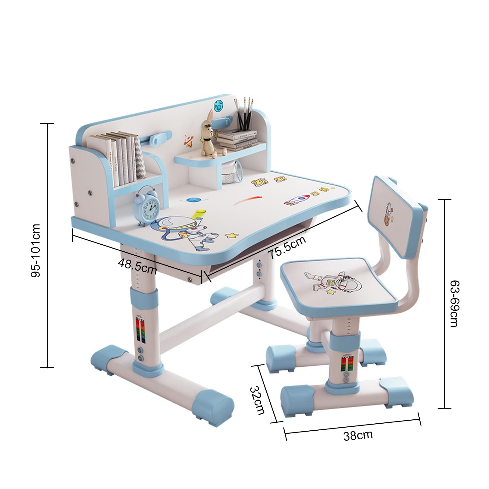 tulkdexi Kids Functional Desk,Scientific Separation, Children School Study Table Chair Set with Cartoon Pattern, Ergonomic Desk Chair with Large Writing Board Blue, 3888046