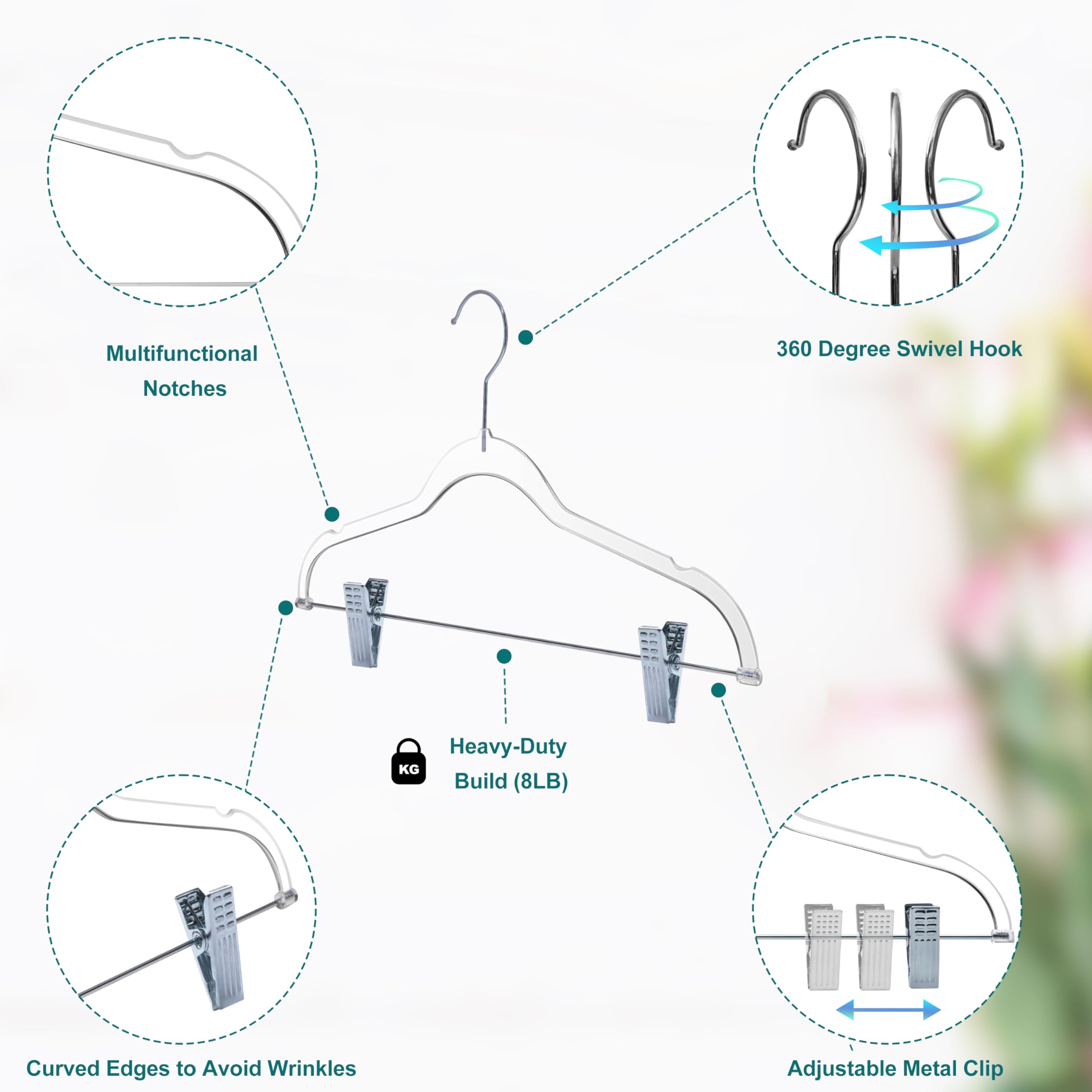 Quality Clear Kids Pants Hangers with Clips 20 Pack | Heavy Duty Skirt Hangers with Swivel Hook and Notches | Space Saving Kids Clip Hangers for Pants | 13.7 Inch (20, Clear)