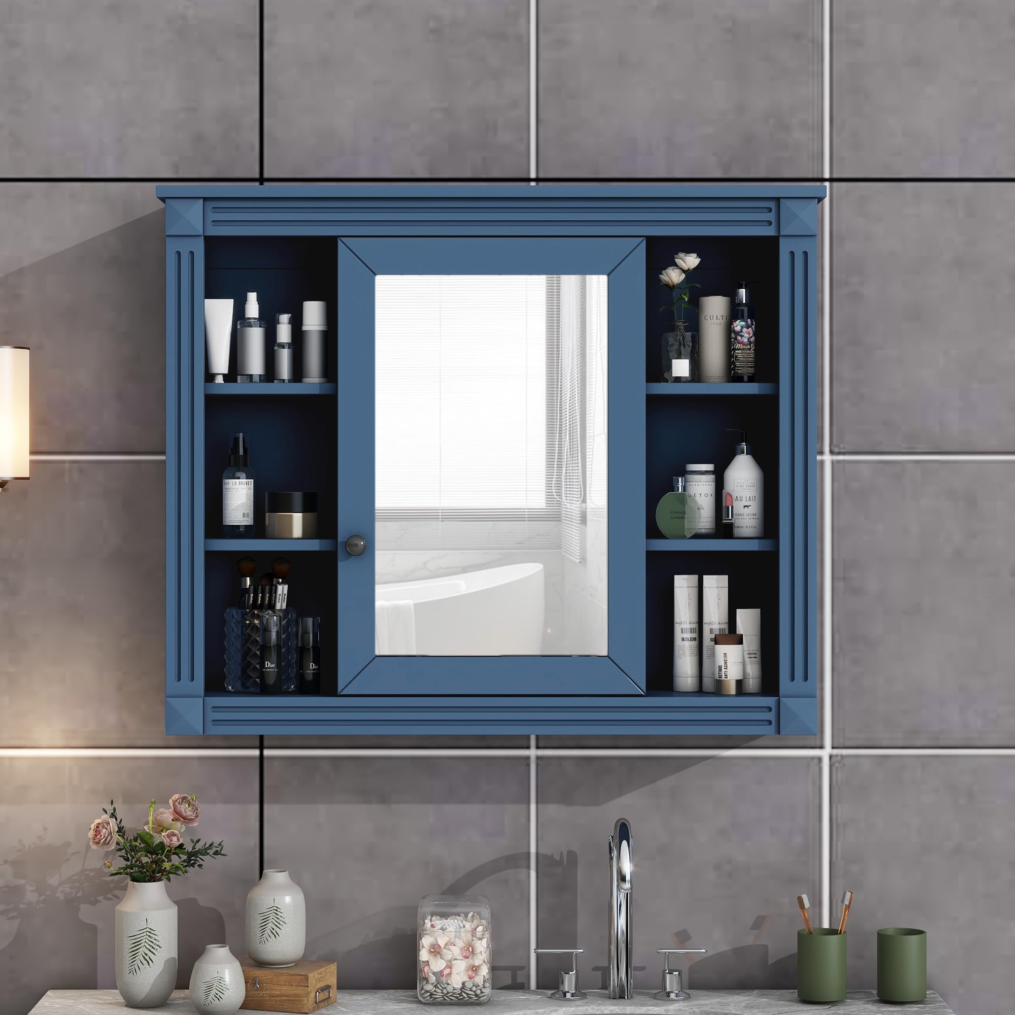 Yozma 35" x 28" Wall Mounted Bathroom Storage Cabinet, Modern Bathroom Wooden Wall Cabinet with Mirror, Mirror Organizer Cabinet with 6 Open Shelves (No Bathroom Vanity), White