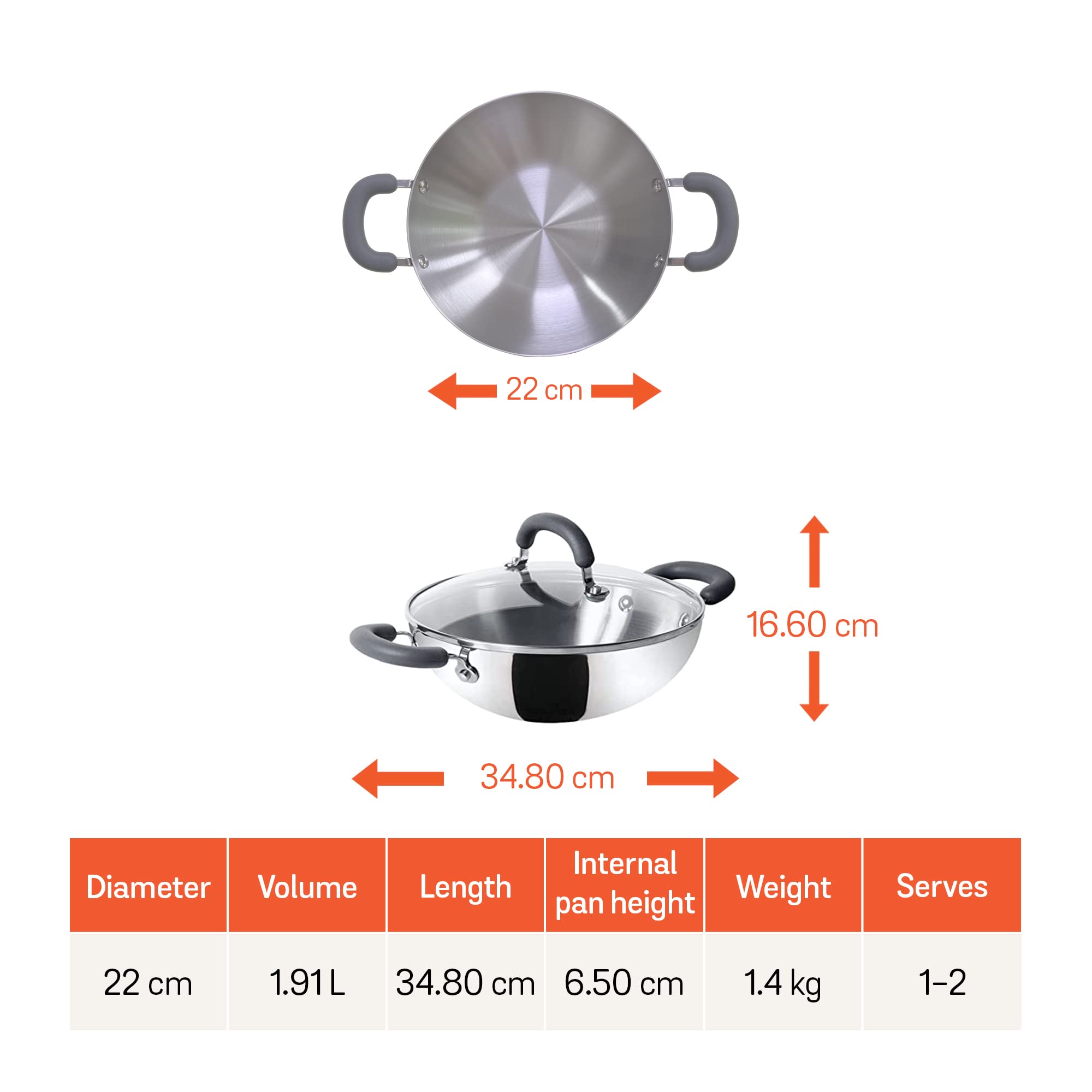 Meyer Trivantage Nickel Free Stainless Steel Triply Kadai | Steel Kadhai with Lid | Stainless Steel Cookware with Induction Base | Small Kadhai for deep Fry, 22cm, Silver