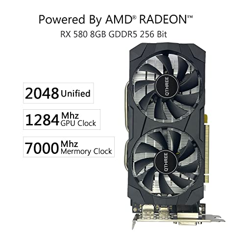 QTHREE Radeon RX 580 Computer Video Graphics Card,8GB,2048SP,GDDR5,256 Bit,3X DP,HDMI,DVI,GPU for PC Gaming,PCI Express x16 3.0,DirectX 12