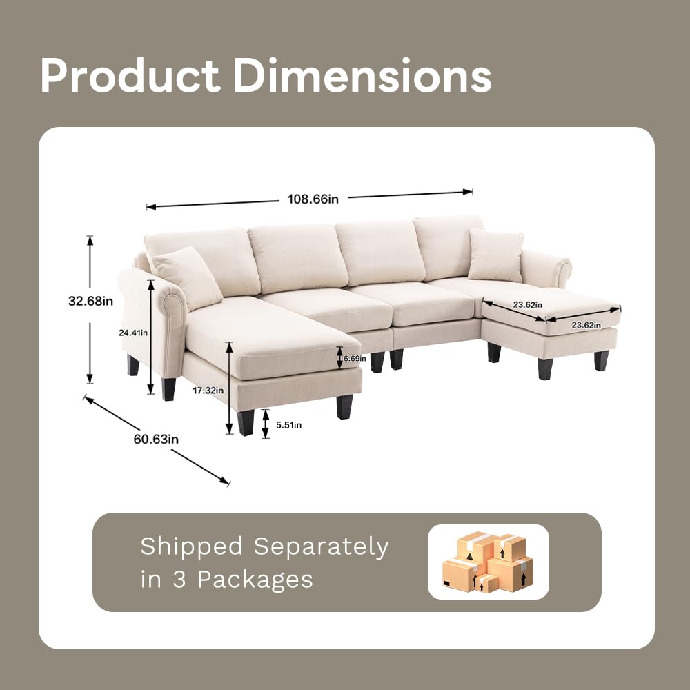 STLVUEO Modern Sectional Sofa, Living Room Combo Sofas Couch, L-Shaped Couches Chaise Lounge Sofa with Ottoman Set, Plastic Feet, for Living Room, Office, Studio, Condo, Beige
