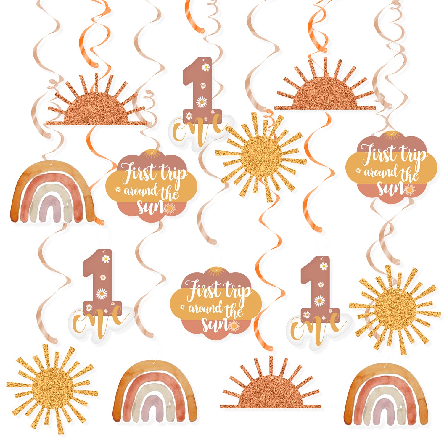 K KUMEED First Trip Around The Sun Birthday Decorations, 20pcs Boho Sun 1st Birthday Ceiling Hanging Swirls, Boho You are My Sunshine Birthday Party Decorations for 1st Birthday Girl, Boy