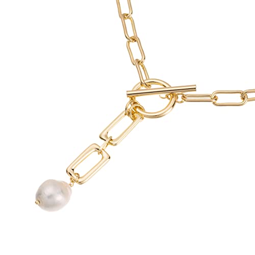 Itcoery Women’s 18K Gold Baroque Pearls Necklace Paperclip Link Chain Toggle Clasp Chunky Irregular pearl necklace
