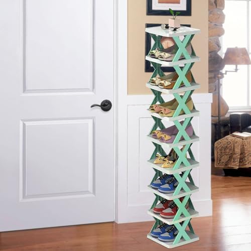 Joyivike 9 Tier Folding Shoe Rack, Green, Plastic, Compact, Space Saving, Adjustable, Stackable, Foldable, Easy to Install, Can Store Shoes, Books, Magazines, Toys