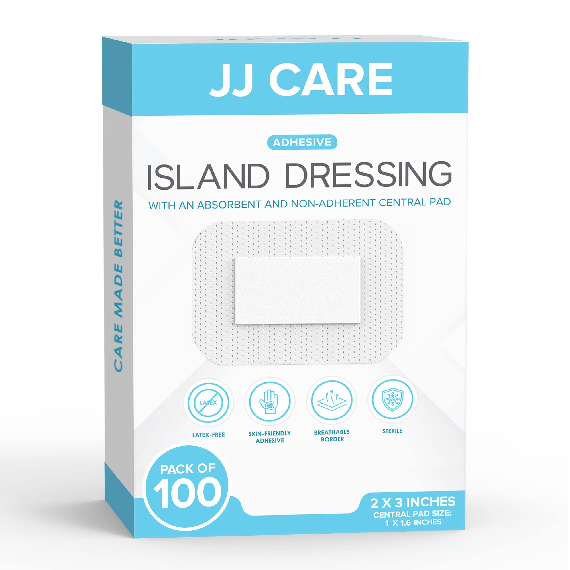 JJ CARE Adhesive Island Dressing [Pack of 100], 2x3 Sterile Bordered Gauze Dressing, Individually Wrapped Island Wound Dressing with Highly Absorbent Non-Stick Center Pad