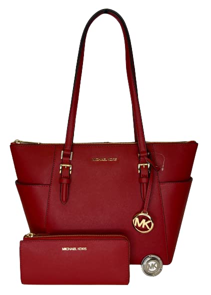 Michael Kors Charlotte Large Top Zip Tote bundled with Quarter-Zip Wallet Purse Hook (Chili Red)