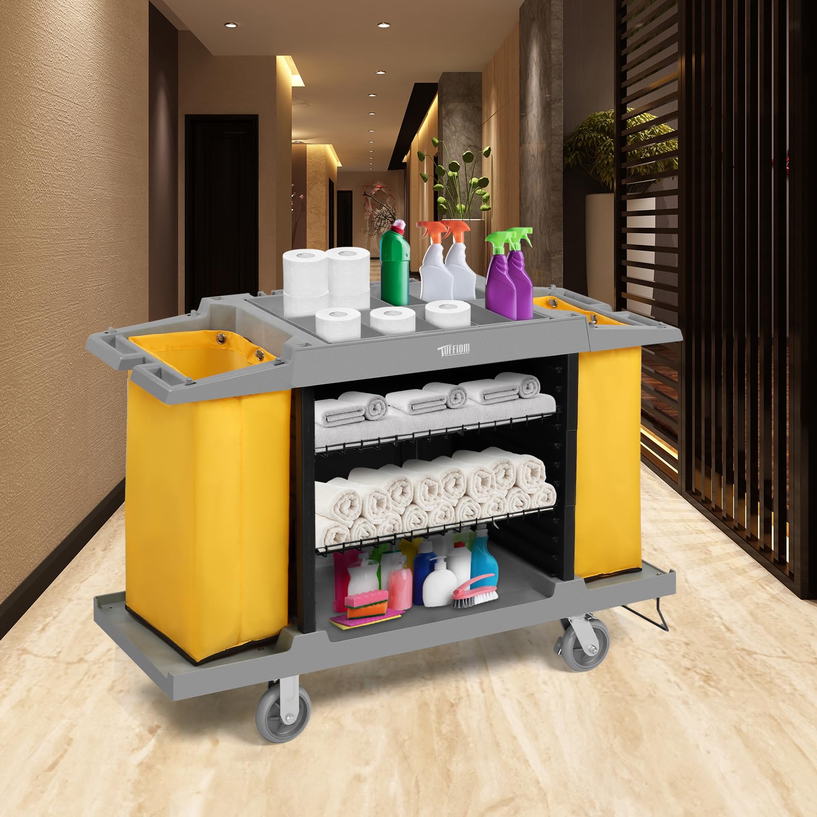 LEADZM Premium Hotel & Housekeeping Cart on Wheels, 154LBS Multifunctional Commercial Cleaning Cart with Large Capacity Vingyl Bags, Comfor Grip Handles and Easy Move Casters