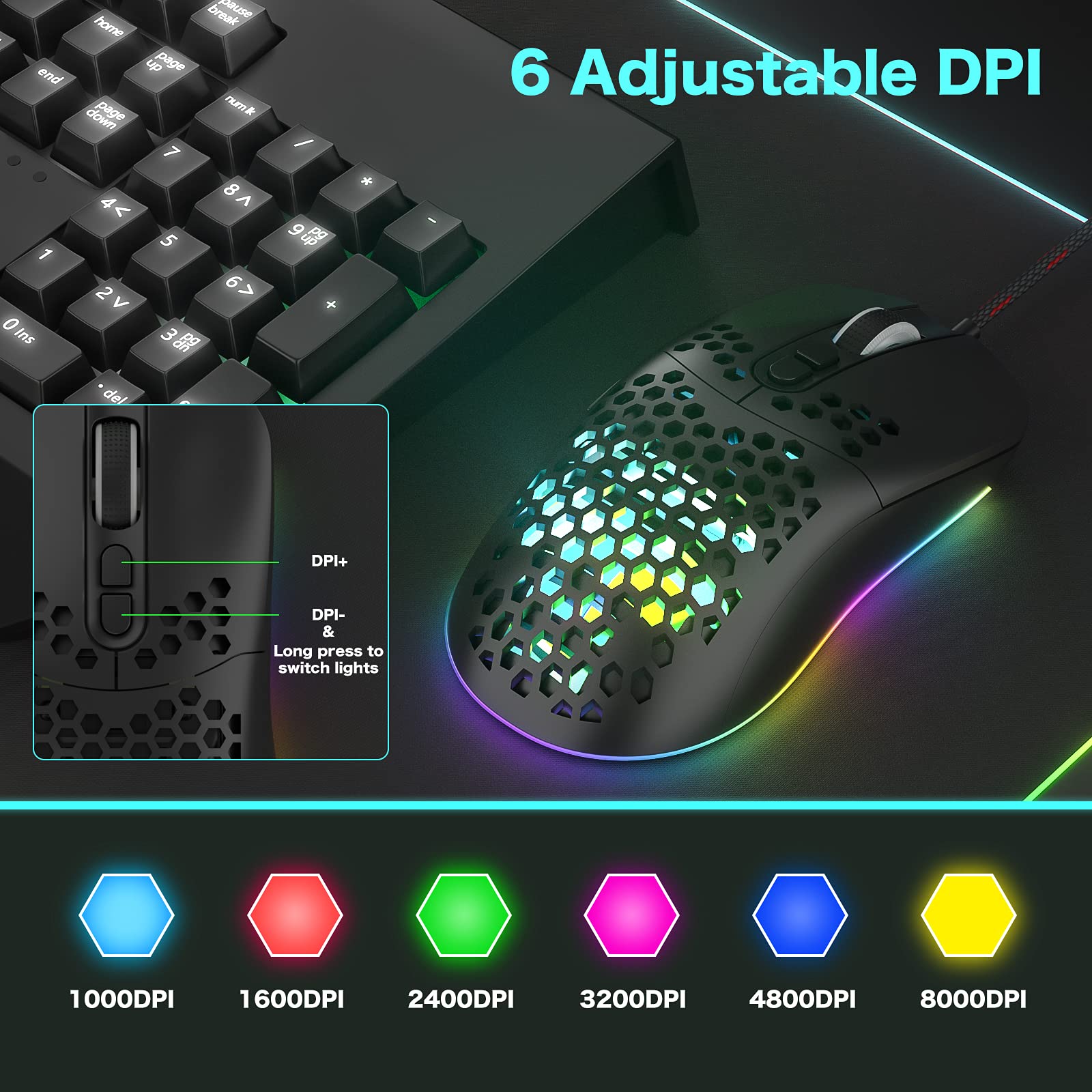 K KOMOI RGB Honeycomb Wired Mouse, Ultra Lightweight LED Wired Computer Mouse with 7 Buttons, Ergonomic USB Mouse for PC, Laptop, Computer Gamers (Black)