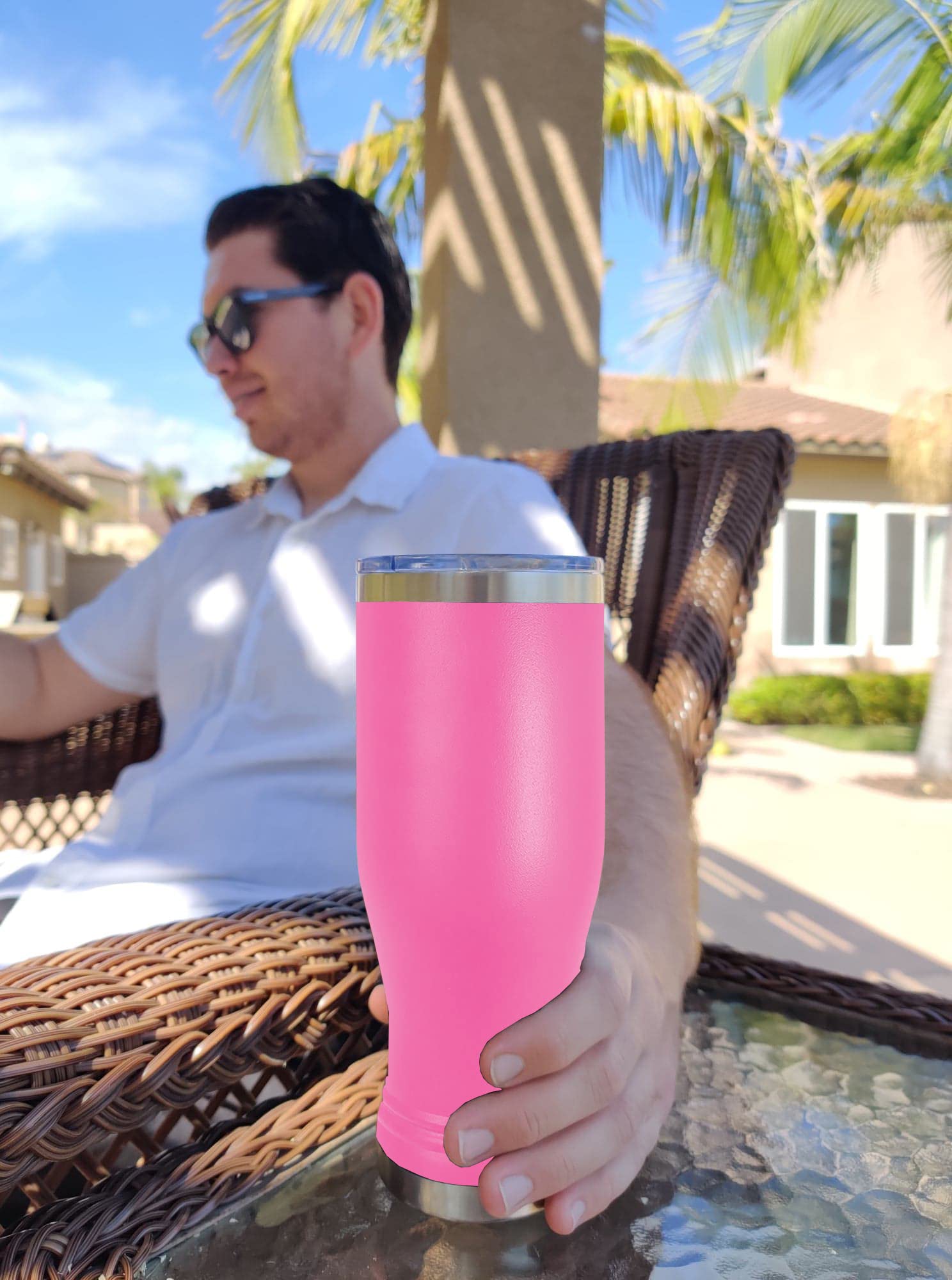 LaserGram 14oz Vacuum Insulated Pilsner Mug, Flag of Puerto Rico, Personalized Engraving Included (Pink)
