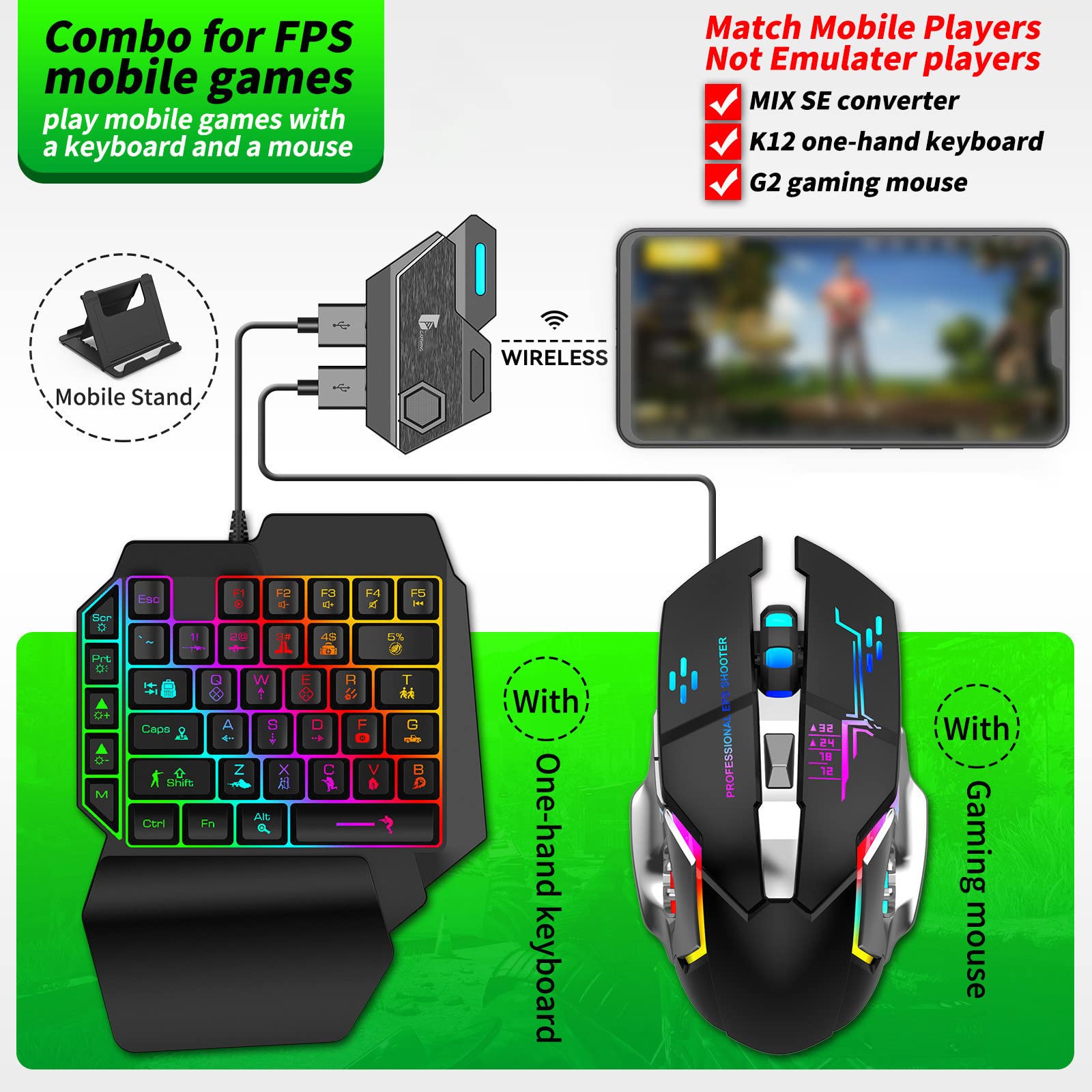 One Hand RGB Gaming Keyboard and Backlit Mouse Combo, Wireless Bluetooth Converter Adapter for Gaming, 39 Keys Mobile Game Controller, Support Wrist Rest Gaming Keyboard Set for SmartphoneTablet