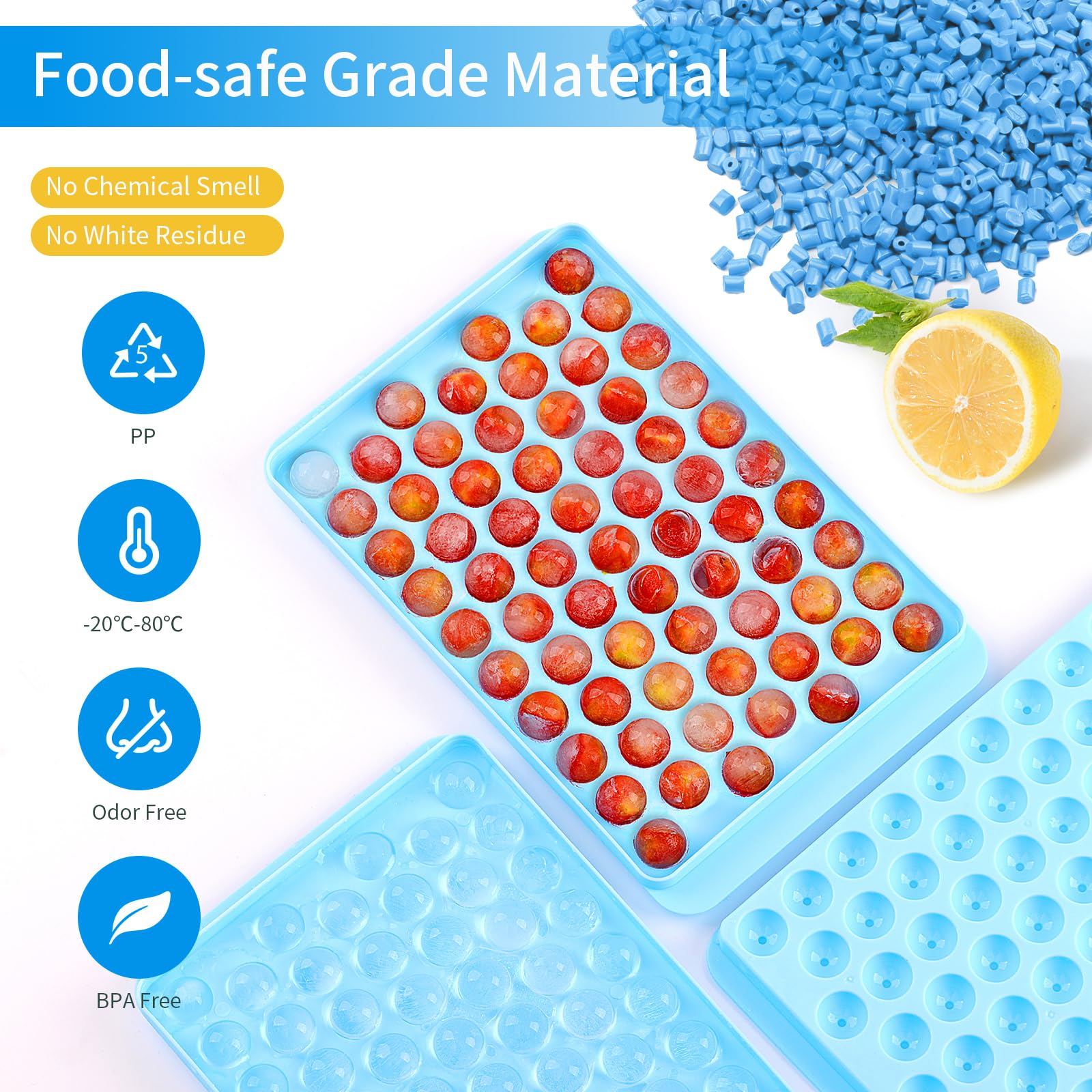 MiNi ice cube tray for freezer with Lid and Bin, 0.7inch Round ice trays 4 Packs 268PCS Tiny Ice Cube Tray Crushed ice tray for Chilling Drinks Coffee Juice (Blue)