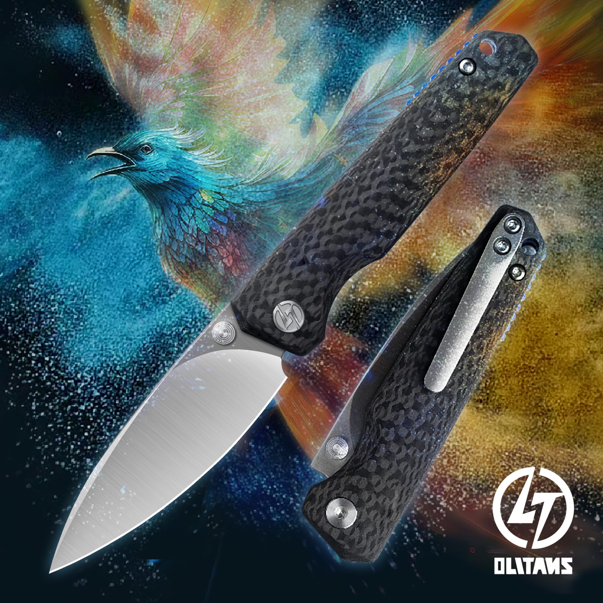 OLITANS C045 Mini Folding Knife 2.6" M390 Blade White Carbon Fiber Handle, Sharp Crossbar Lock Small Folding Knife with Deep Carry Pocket Clip For EDC（Satin）