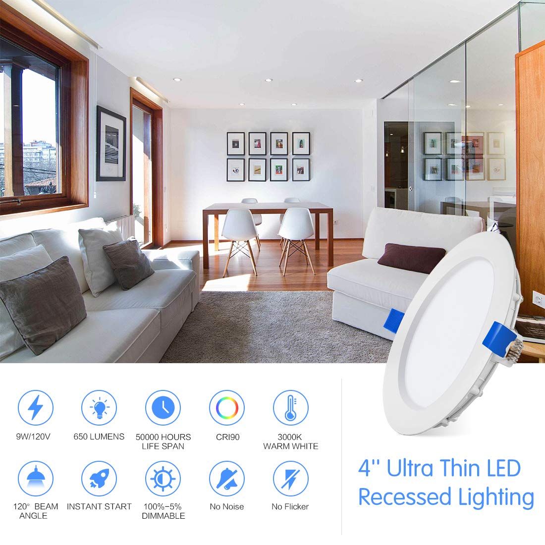 JJC 4 Inch Slim LED Recessed Lighting with Junction Box, Ultra-Thin LED Canless Ceiling Down Lights,3000K Warm White,9W 60W Eqv,650LM Dimmable Wafer Light, IC Rated 12 Pack