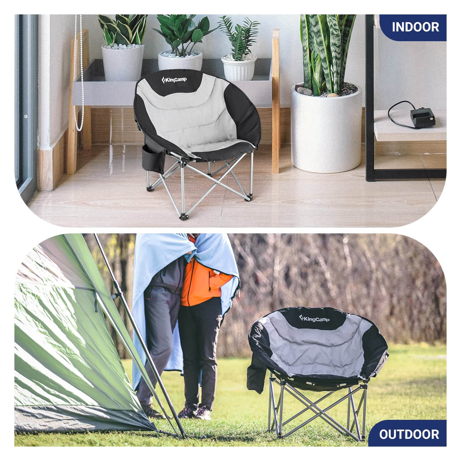 KingCamp Oversize Camping Folding Sofa Chair Padded Seat with Cooler Bag and Armrest Cup Holder, Black&Dark Gray (Camouflage)