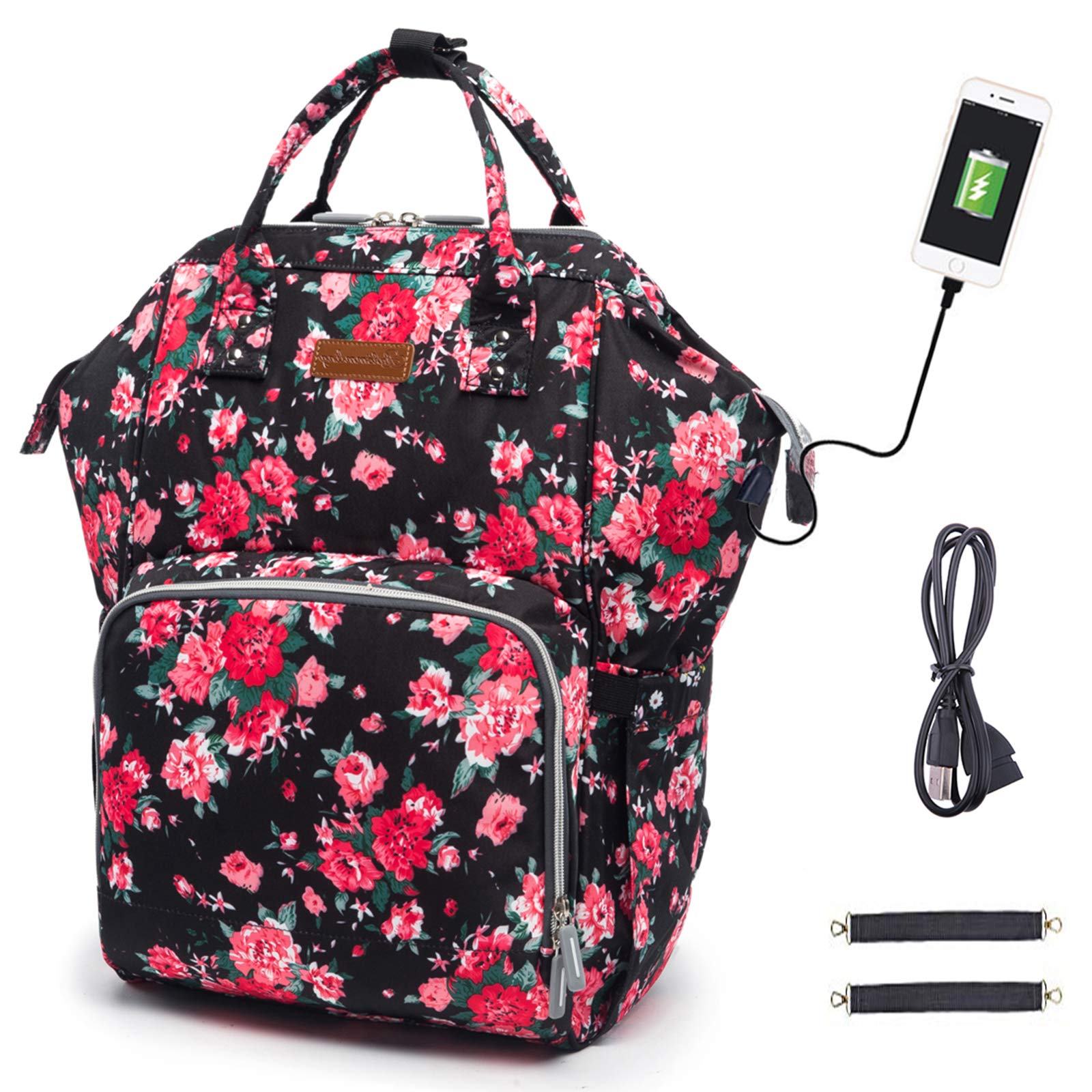 hopopower Diaper Bag Backpack, Diaper Bag with USB Charging Port for Mom & Dad, Large Multifunction Baby Nappy Changing Bags,Waterproof & Stylish, Floral