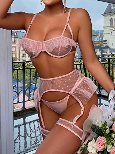 SOLY HUX Women's Valentines Sexy Mesh Lingerie Set Lace Teddy Strap Babydoll Bodysuit with Garter Belts Pure Pink M