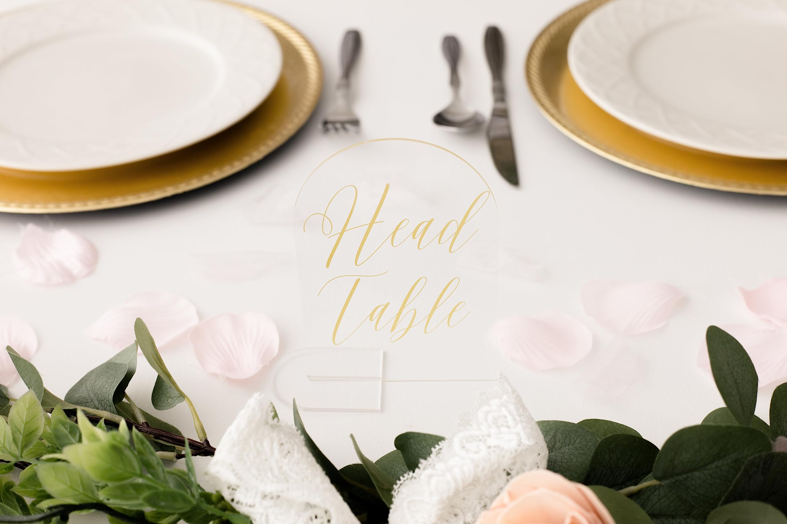 Tanther 30 Sets Acrylic Table Numbers, Gold Printed Caligraphy Lettering, Arch signs & stands, (Numbers 1 - 28, Head Table, and Gift Table Signs- 30 total), 4 x 6 Inch size, For weddings, receptions,