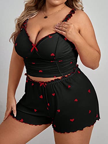 SOLY HUX Women's Plus Size Heart Print Mesh Pajama Set Cami Top and Shorts Lounge Sleepwear Black Heart 5XL