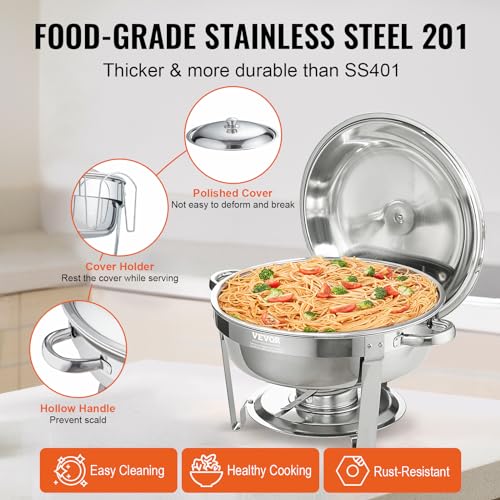 VEVOR Chafing Dish Buffet Set, 6 Qt 4 Pack, Stainless Steel Chafer with Full Size Pan, Round Catering Warmer Server with Lid Water Pan Stand Fuel Holder Cover Holder Spoon, for at Least 6 People Each