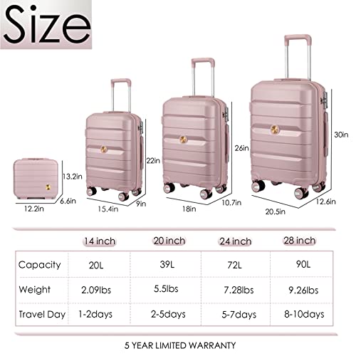 Somago 4 Pieces Luggage Set(14/20/24/28) PP Lightweight 4 Double Rolling Wheels Suitcase With TSA Lock & YKK Zipper Bussiness Trip (Rose Pink)