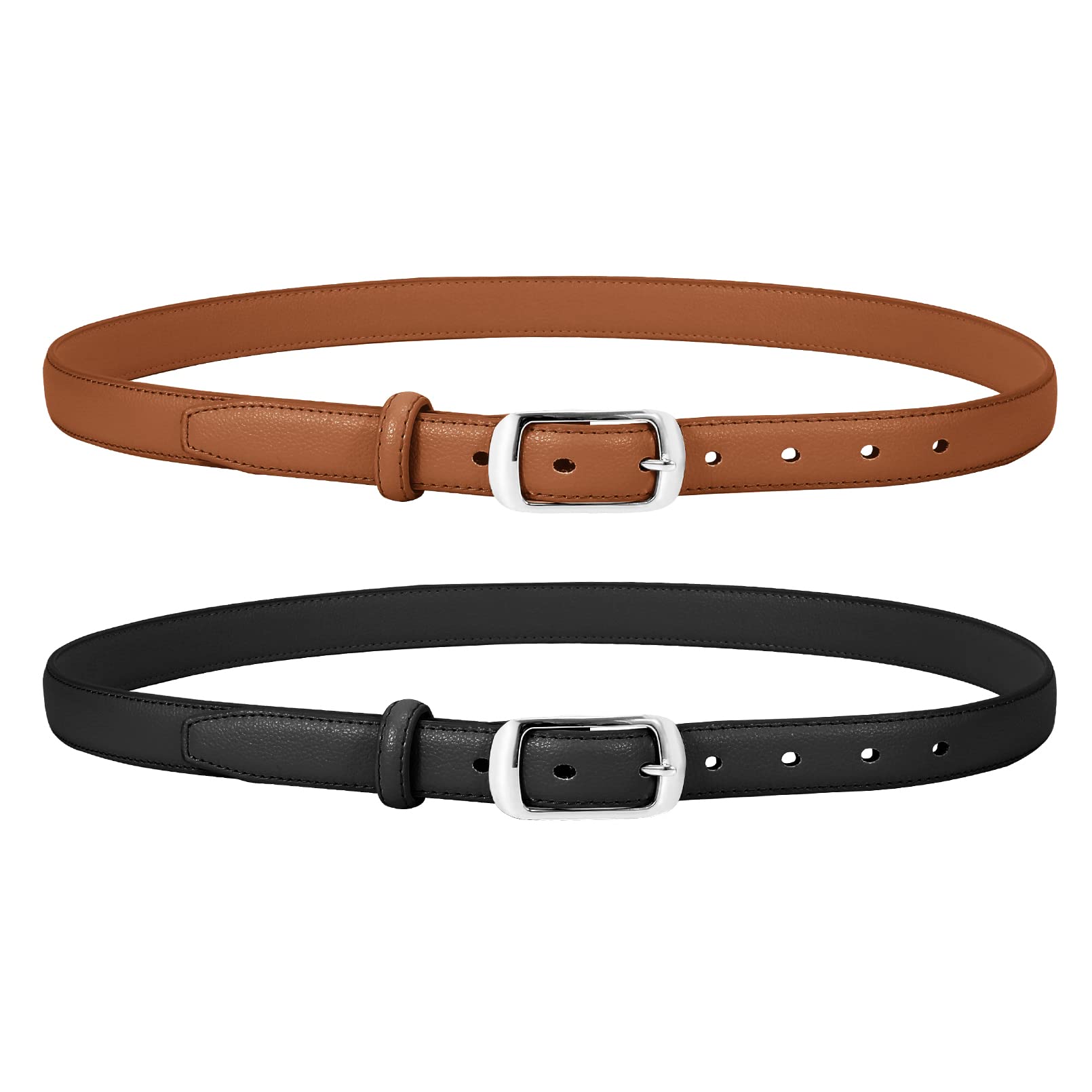 LEACOOLKEY Women Leather Belt for Jeans Pants Solid Fashion Waist Belt for Dress with Silver Pin Buckle