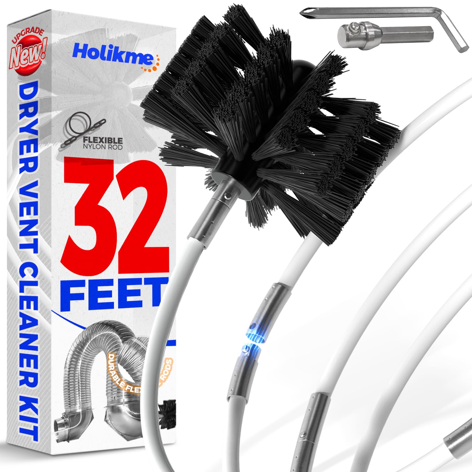 Holikme 32 Feet Dryer Vent Cleaner Kit, Upgraded Flexible Quick Snap Brush with Drill Attachment, Easier Installation & No Loose, Synthetic Brush Head, Use with or Without a Power Drill