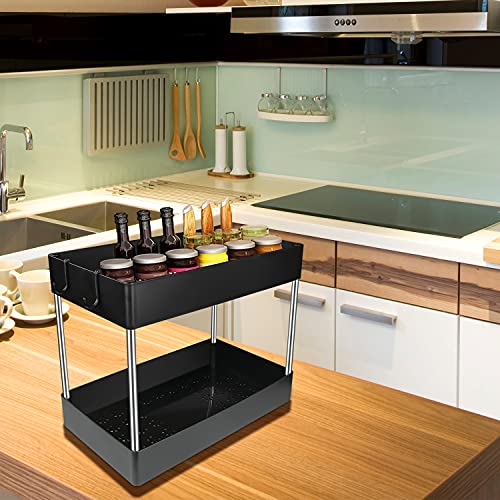 LGHIESO Under Sink Organizer and Storage, Under Bathroom Sink Shelf Organizer Rack, Under Bath Sink Collection Baskets with Hooks, Ideal for Room, Office, Kitchen, Bathroom (Black, 2-Tier)