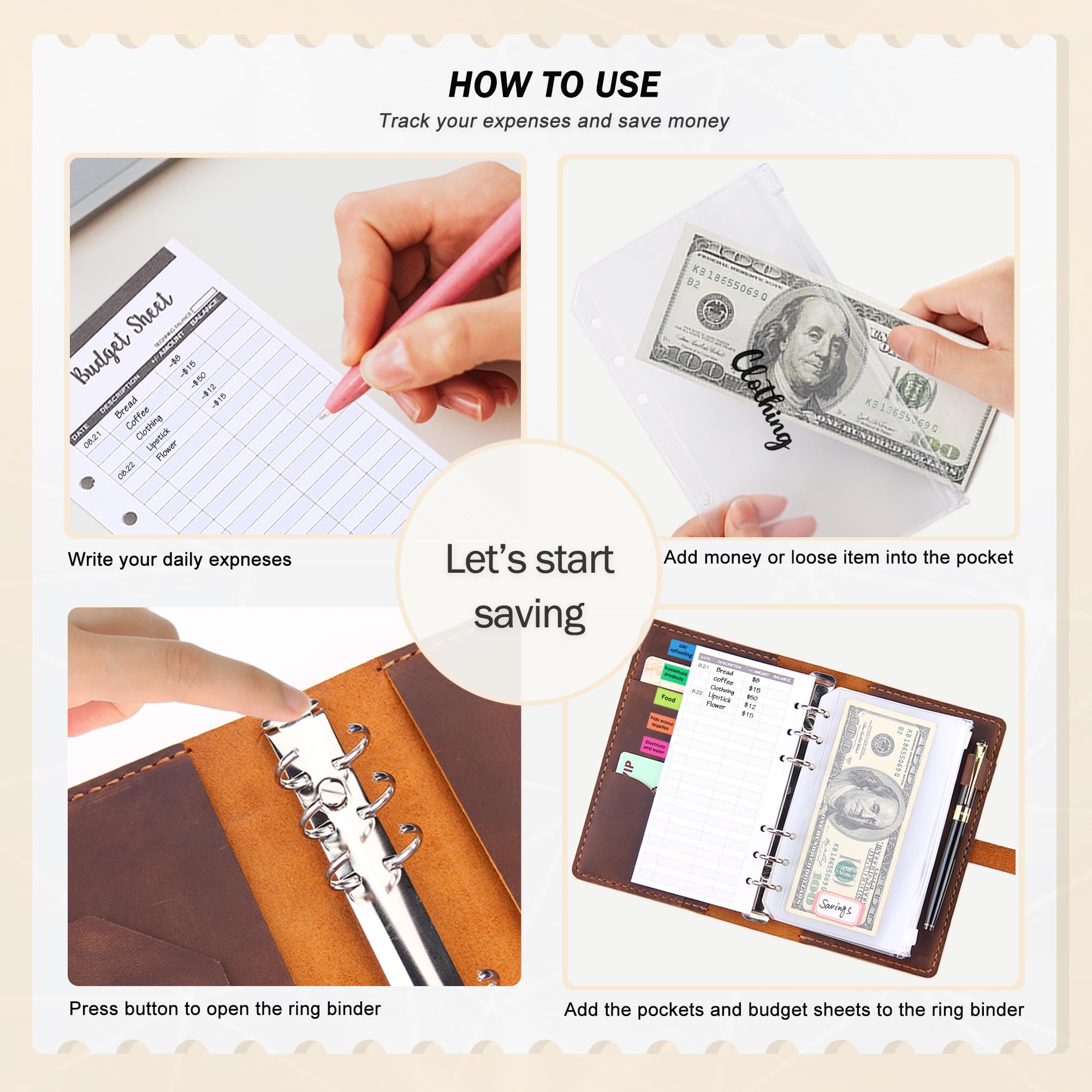 Leather Binder Budget with Cash Envelopes, Handmade Leather A6 Binder for Money Saving Planner, Cash Envelopes for Budgeting, Money Organizer for Cash - Brown