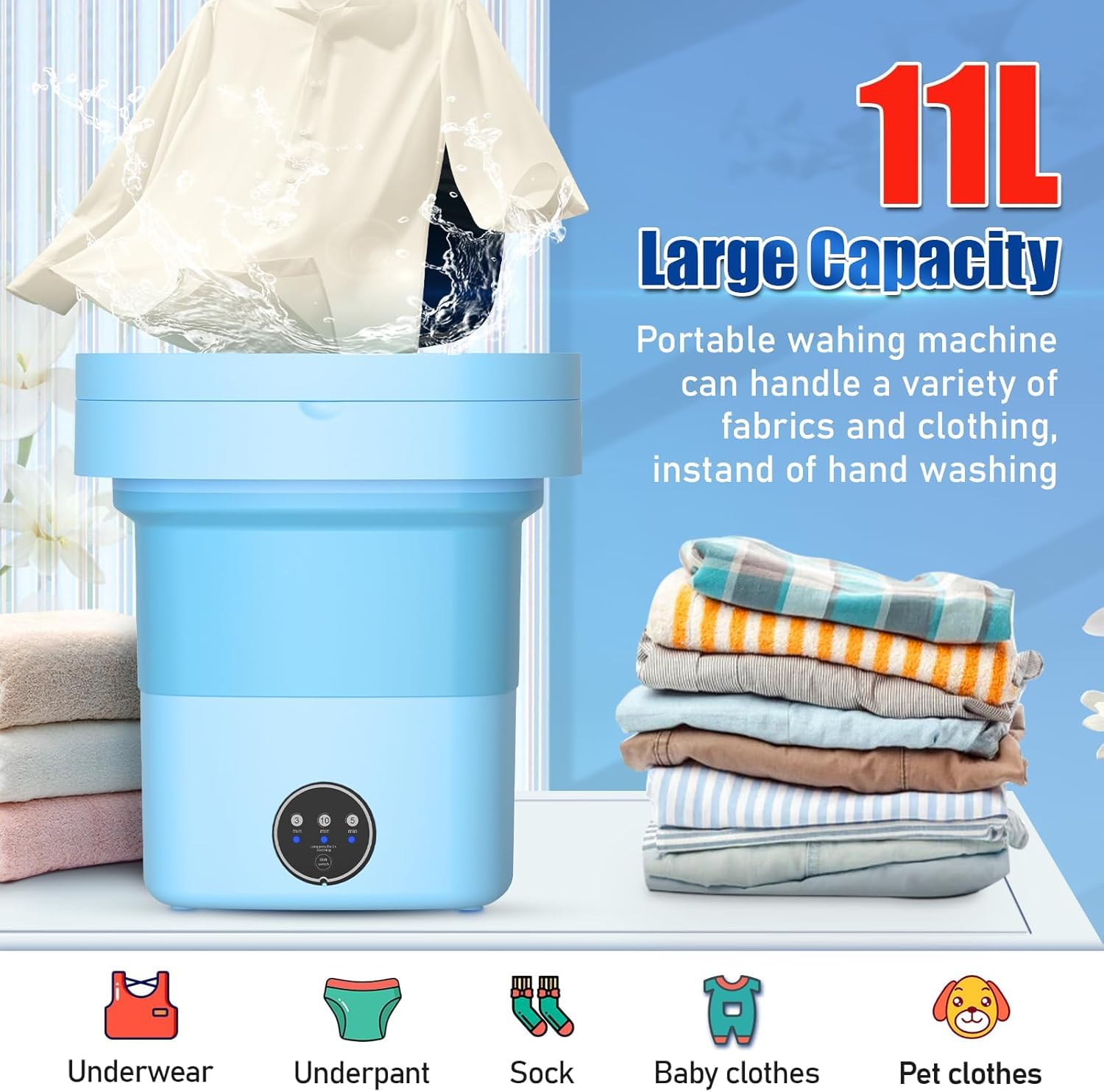 Portable Washing Machine with 3 Intelligent Cleaning Modes, 11L Mini Washer with Foldable Design, Mini Folding Washing for Travel, Camping, Apartment, Dorm, Baby Clothes, Socks and Underwear