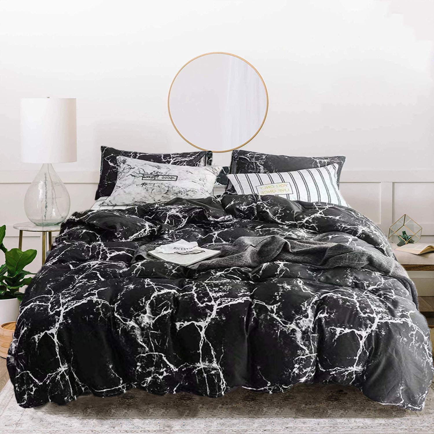 Houseri Black Marble Comforter Set Queen Size, All Season 3 Piece Black and Grey Artistic Bedding Sets Queen Lightweight Breathable Men Women Boys Girls Soft Comfy Bed Quilt Blanket Comforters Queen