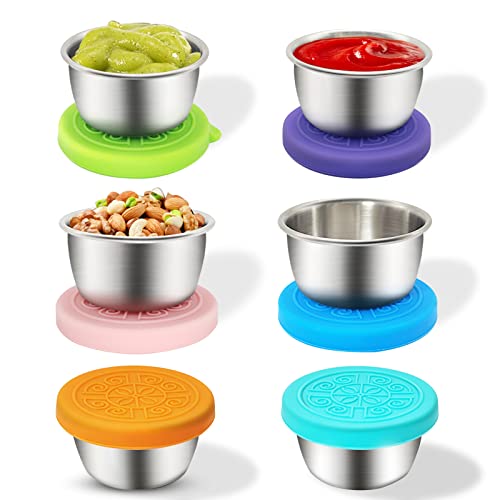 Stainless Salad Dressing Container to Go,6x1.7 oz Reusable Small Containers with Lids, Fits in Bento Box for Lunch,Stainless Steel Condiment Cup,Premium Silicone,Leakproof Dipping Sauce Cups
