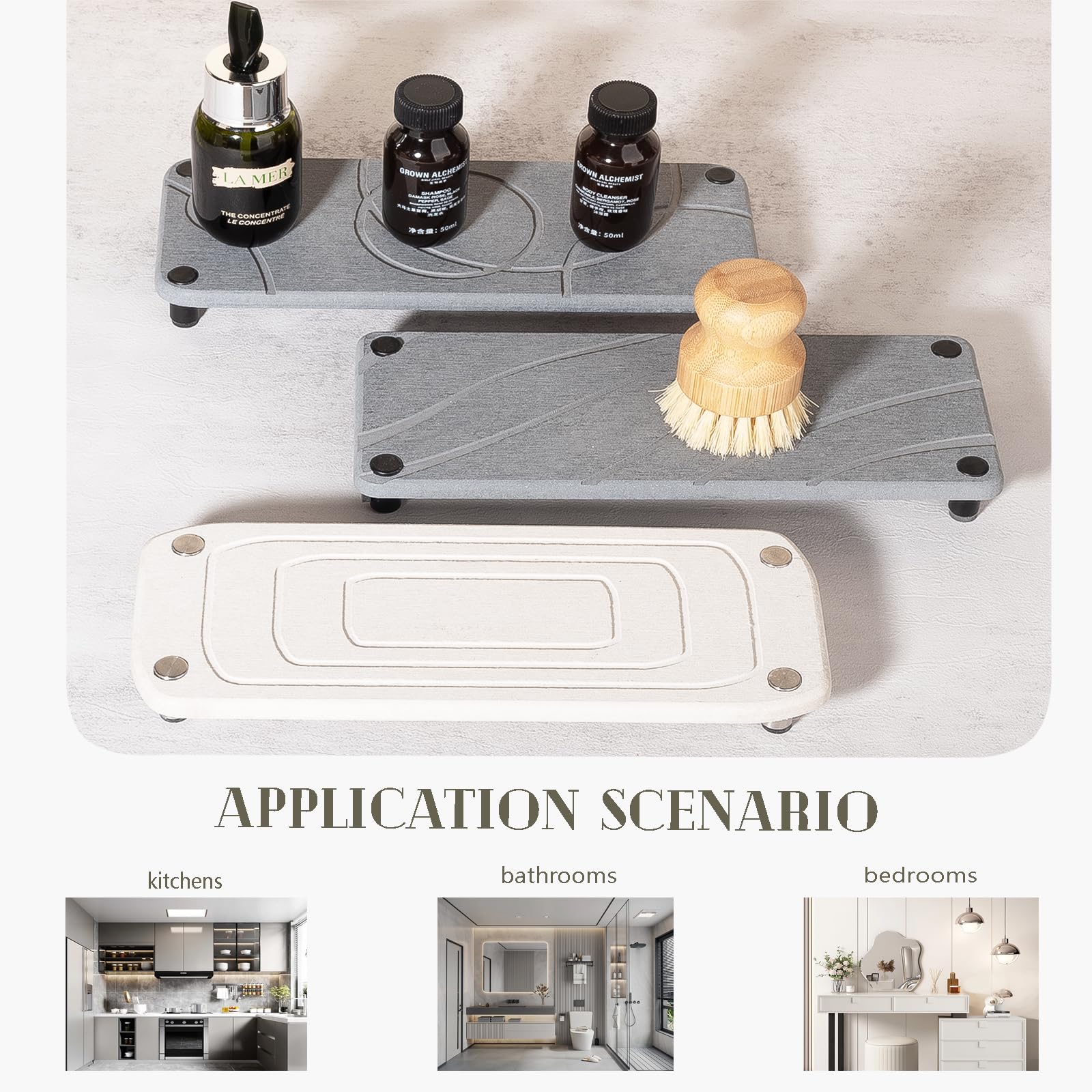 Instant Dry Sink Caddy Kitchen Sponge Holder Diatomaceous Earth Stone Drying Mat Bathroom Countertop Organizer Soap Dispenser Tray for Counter, Sink, Vanity, Small, Foam, Grey