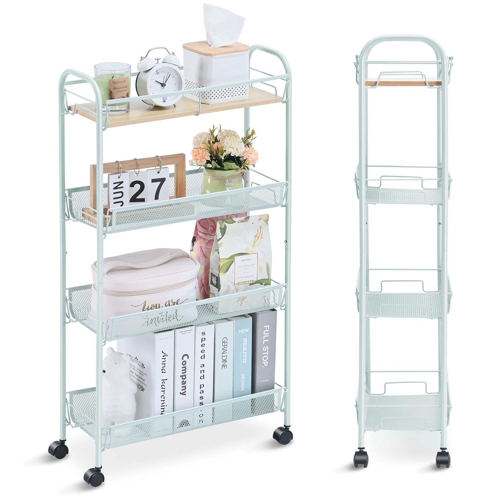 KINGRACK 4-Tier Slim Rolling Cart with Wooden Tabletop, Metal Utility Cart, Easy Assemble Slide Out Narrow Storage Cart for Narrow Space Kitchen Bathroom Laundry Room, Green