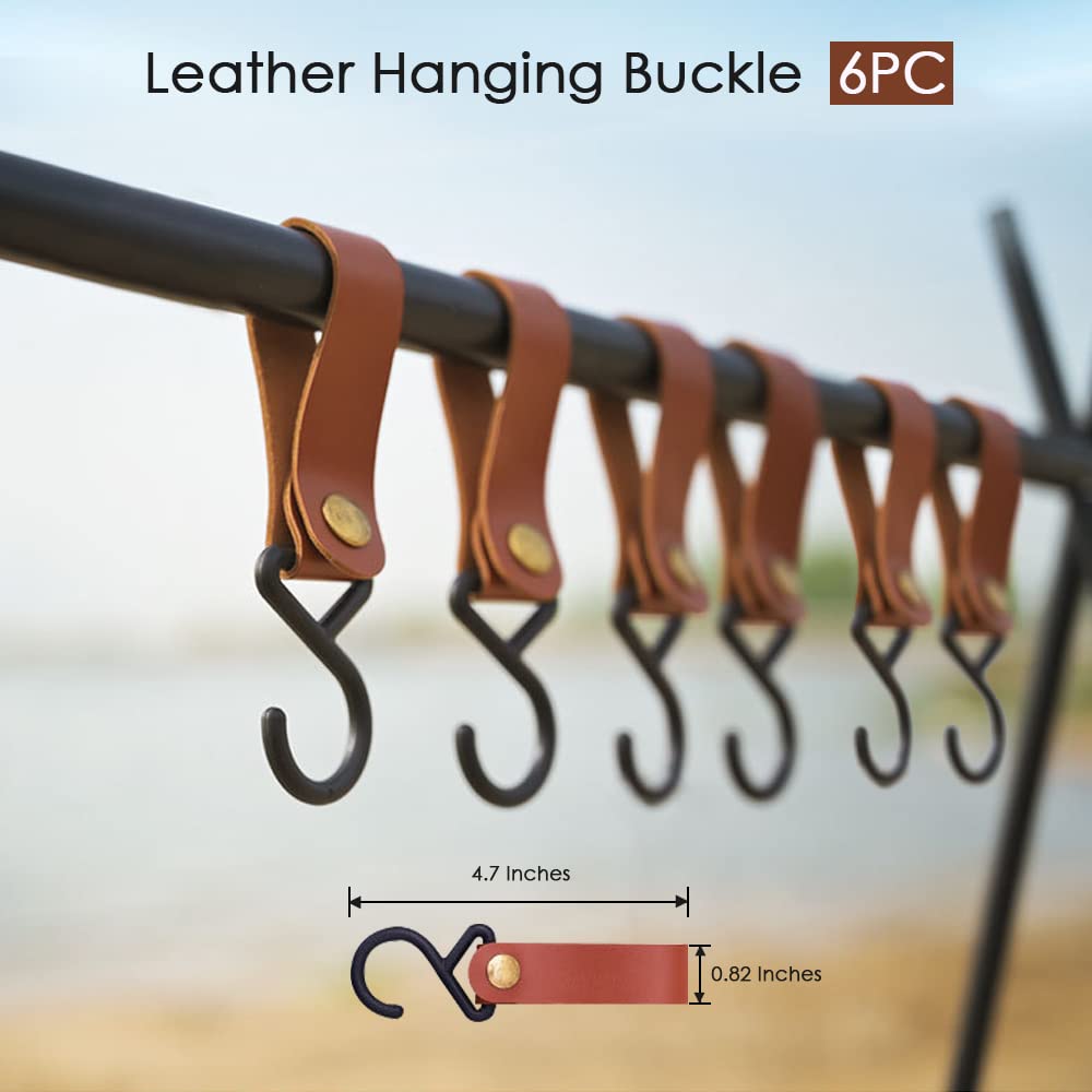 Leather Campsite Storage Strap-Adjustable Camping Storage Strap Camping Lanyard with Hooks Camping Gear and Tent Accessories Car Camping Essentials