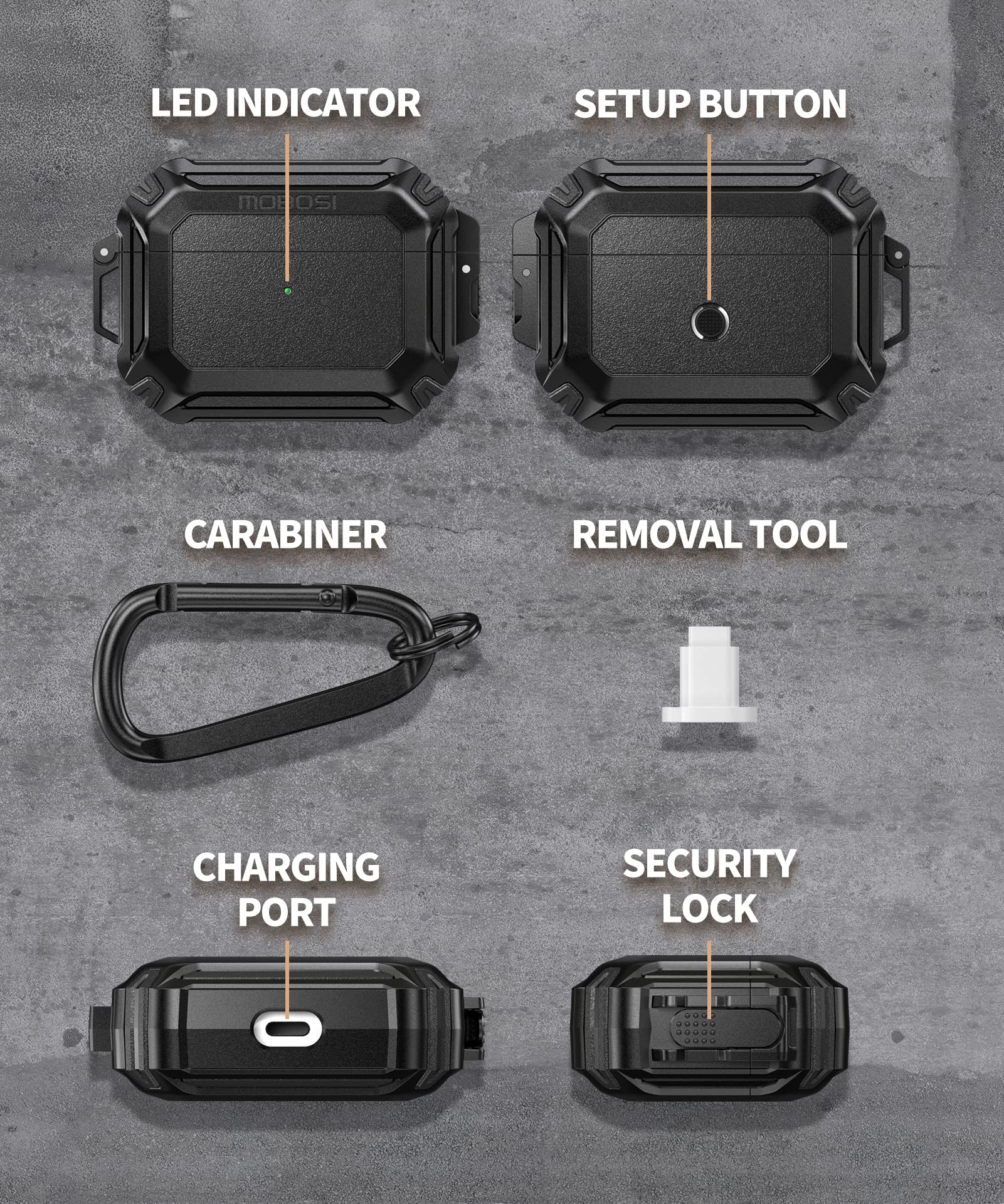MOBOSI Case with Spring Lock Clip, [Top Cover Never Falls] Hard Rugged Protective Pop-up Case Cover with Keychain for Men, Full-Body Shockproof Case for AirPods Pro, Black