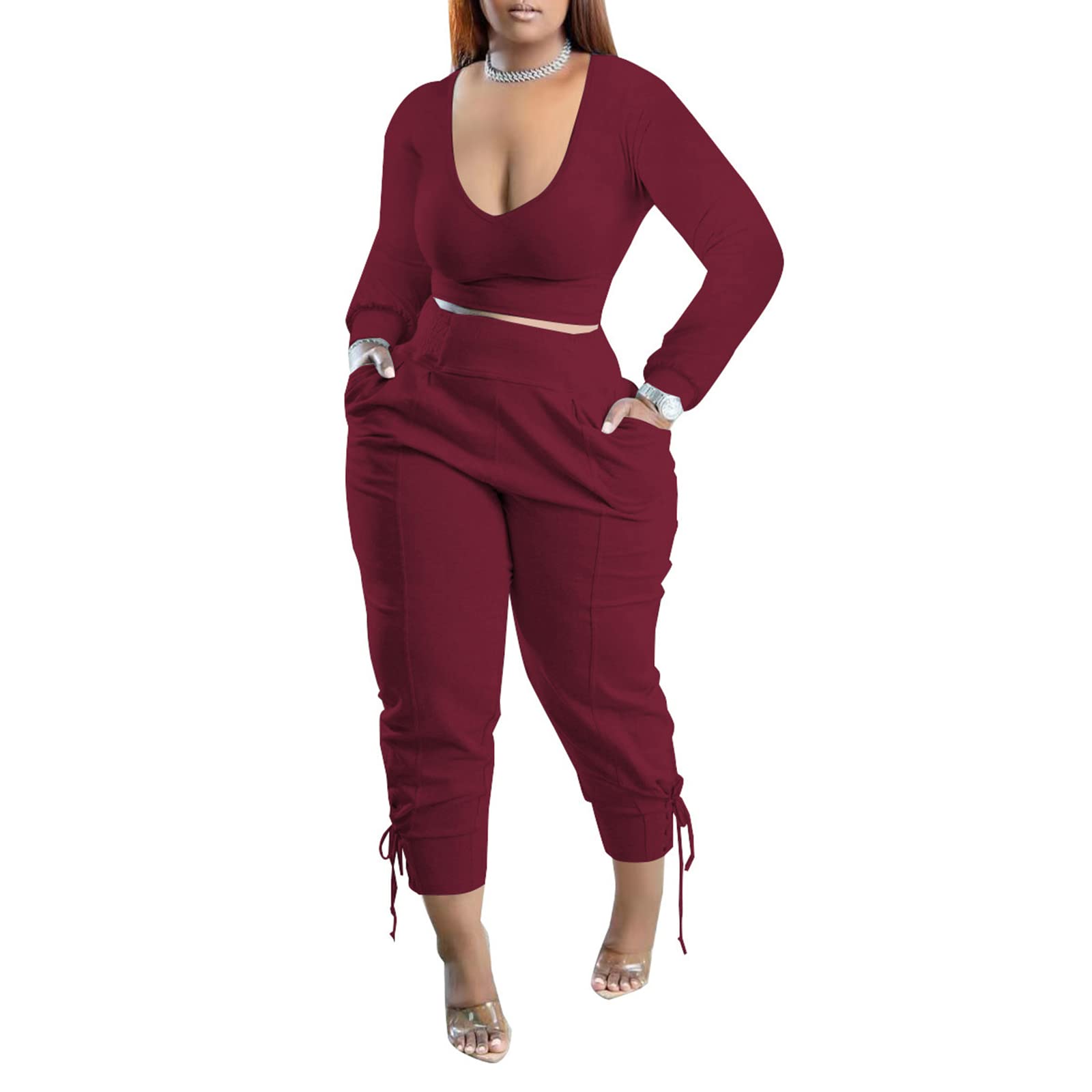 IyMoo Women Plus Size 2 Piece Sweatsuit Outfits Long Sleeve V Neck Crop Top + High Waisted Leggings Jogger Set Burgundy 2X