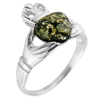 Green Amber and Sterling Silver Irish Claddagh Ring