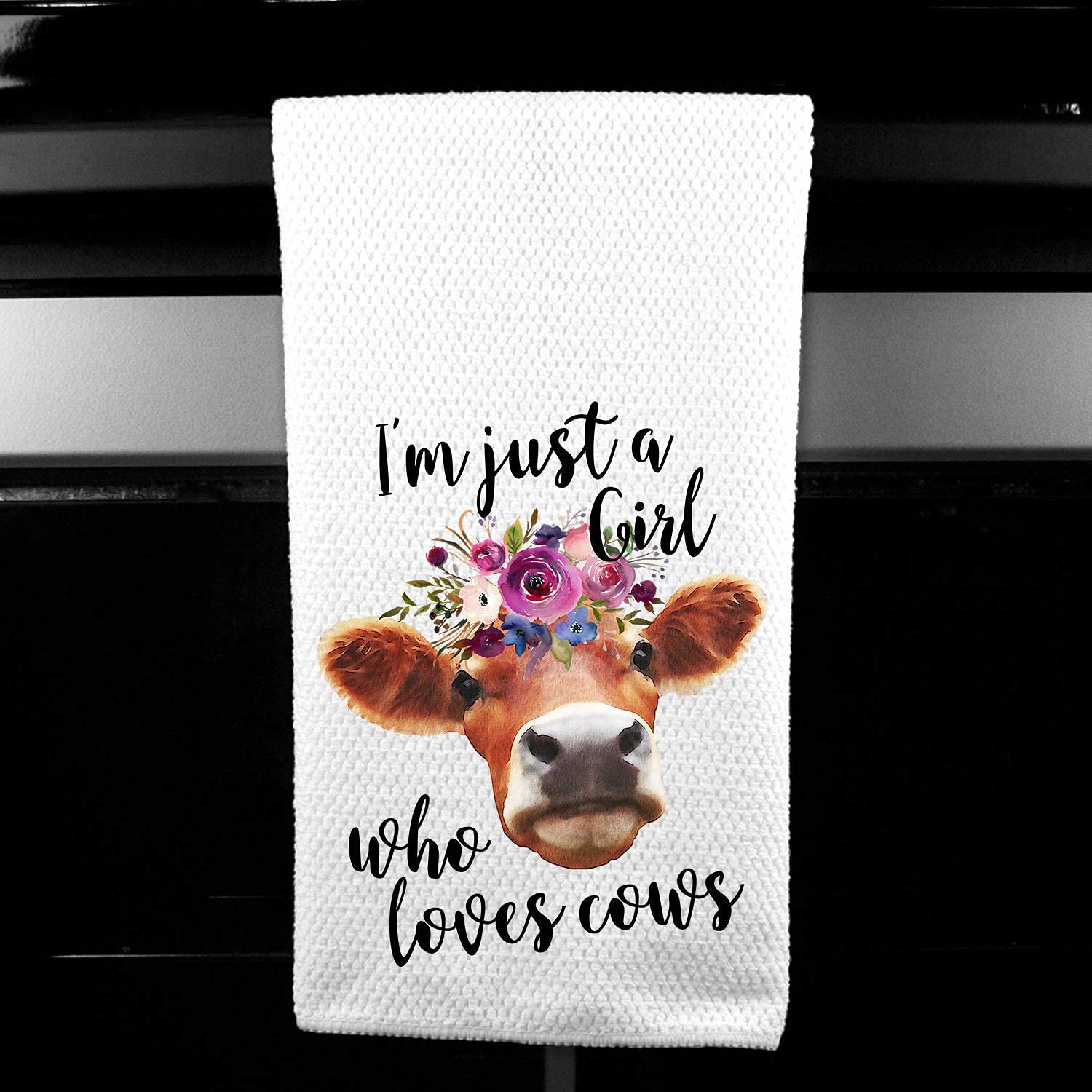 I'm Just a Girl Who Loves Cows Funny Brown Cow Floral Microfiber Waffle Kitchen Towel Farm Gift for Her