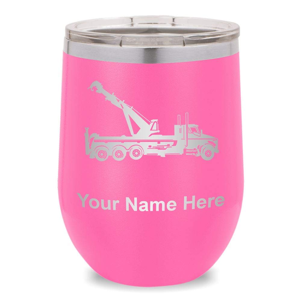 LaserGram Double Wall Stainless Steel Wine Glass Tumbler, Tow Truck Wrecker, Personalized Engraving Included (Pink)