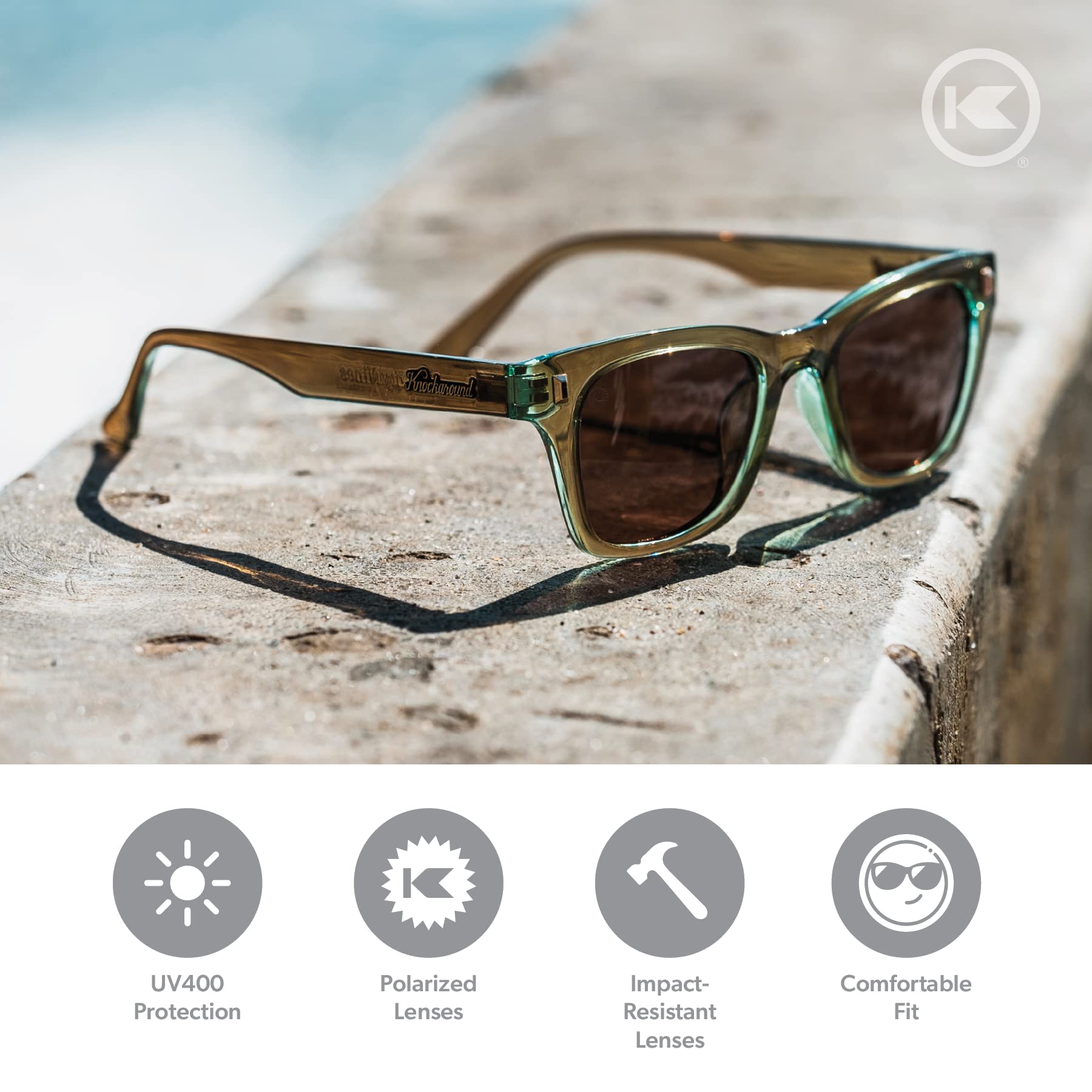 Knockaround Seventy Nines Polarized Sunglasses for Women & Men - Impact Resistant Lenses & Full UV400 Protection, Translucent Sage Frames/Amber Lenses