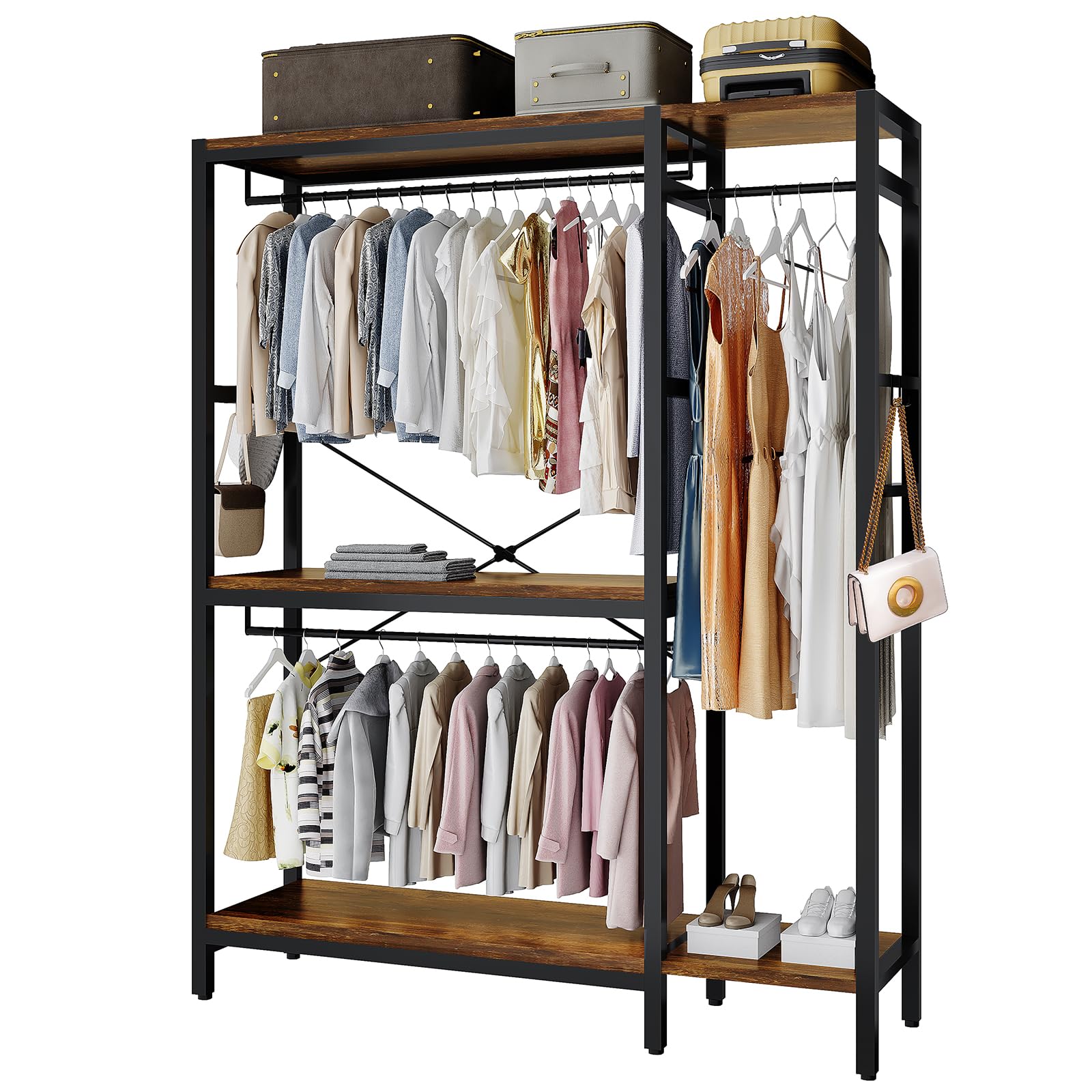 ZERDER Clothes Rack, Heavy Duty Garment Rack for Clothes, Clothing Racks with Shelves and 4 Side Hooks, Freestanding Metal Wooden Closet Organizer (Rustic Brown)