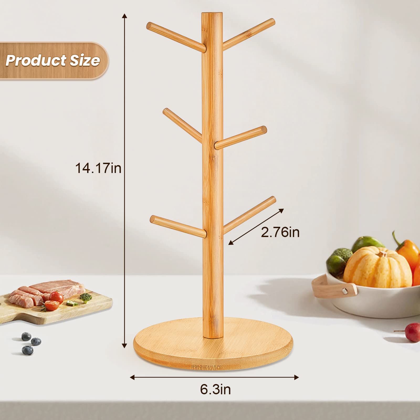 Kathfly 2 Pcs Coffee Mug Tree Mug Rack Cup Holders for Counter with 6 Hooks Bamboo Removable Mug Stand Hanger for Counter Shelf Cabinet Kitchen Coffee Bar